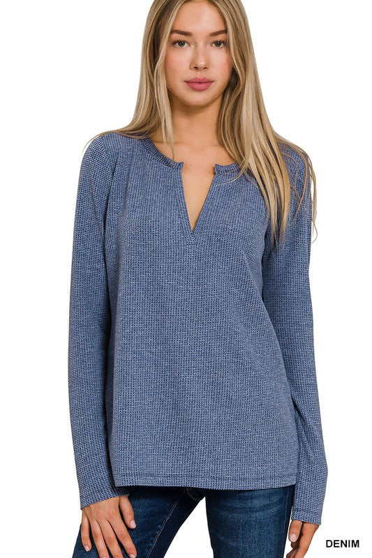 DENIM: WAFFLE V-NECK LONG SLEEVE TOP - That's Invintage